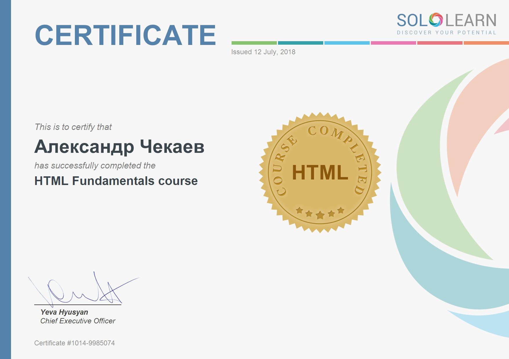 Certificate SoloLearn HTML/HTML5 – work from freelancer's portfolio Александра | example from ...