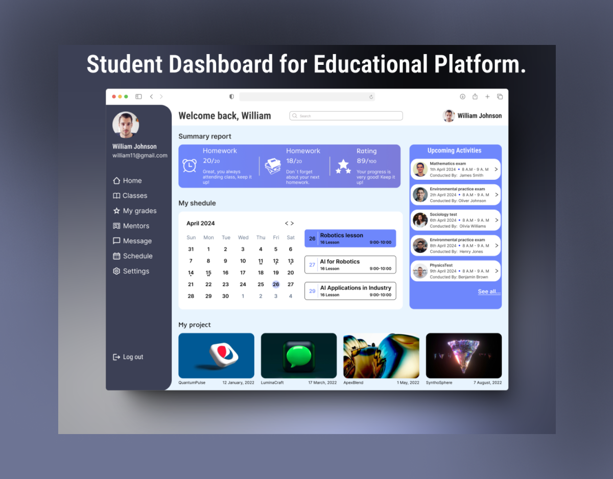 Student Dashboard for Educational Platform – work from freelancer's ...